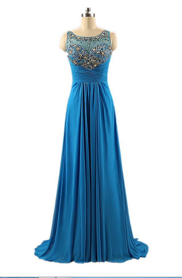 Blue Beaded Prom Dresses Sheer Floor Length Evening Dress Formal Party ...