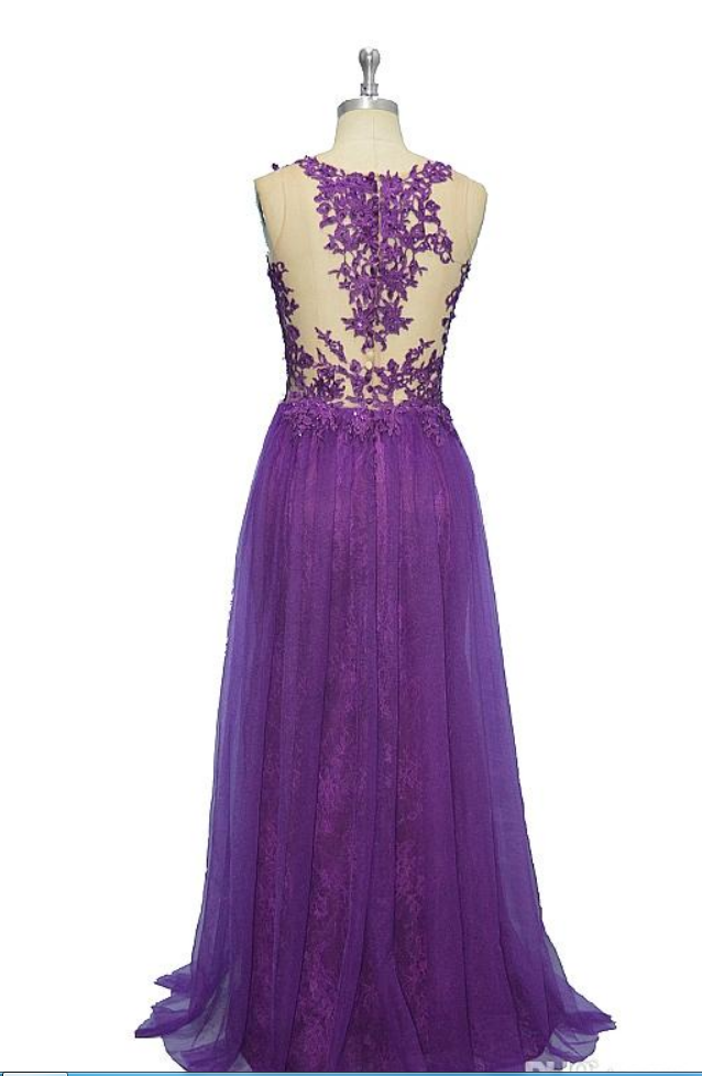 Purple A Line Long Evening Dresses Applique Scoop Neck Sleeveless ...