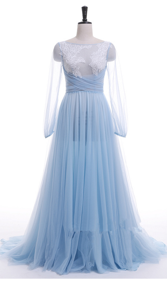 Blue Party Neck Is Very Low, Long Sleeve Evening Dress Open Formal ...