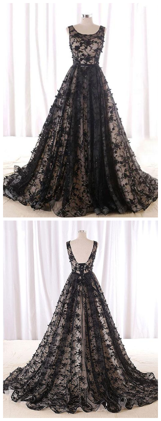 Prom Dresses, Black Round Neck Tulle Long Prom Dress, Black Evening ...