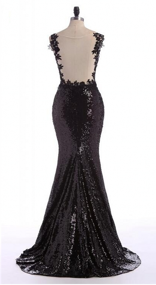 Sexy Black Lace Evening Dress Women Mermaid Sequin Gown Side Slit Prom
