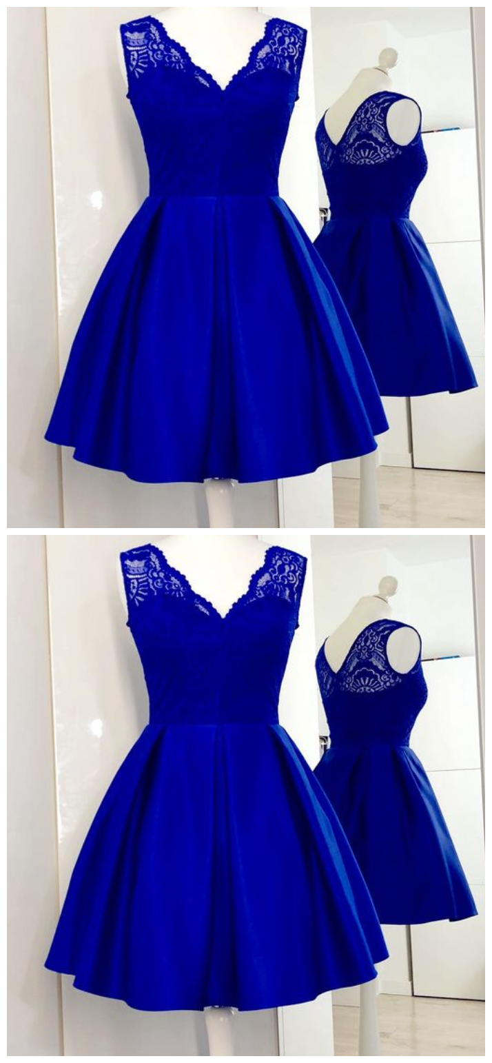 V-neck Royal Blue Satin Short Homecoming Dress With Lace on Luulla