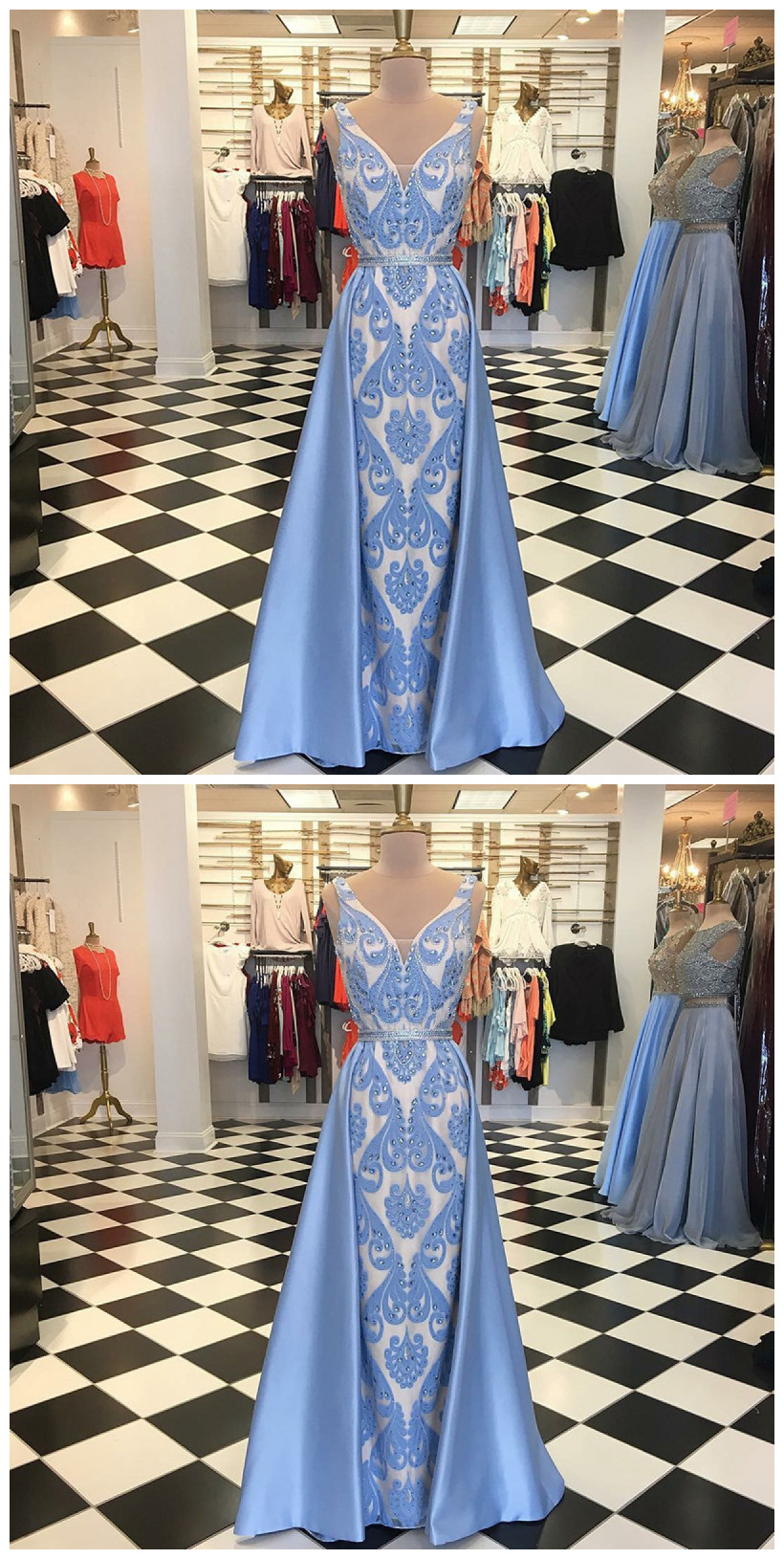 A-line V-neck Floor-length Light Blue Beaded Prom Dress With Lace on Luulla