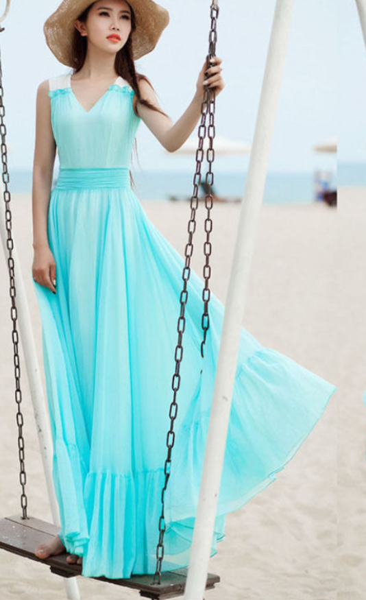 Light Blue Evening Dresses Long Elegant Chiffon V Neck Prom Dress ...