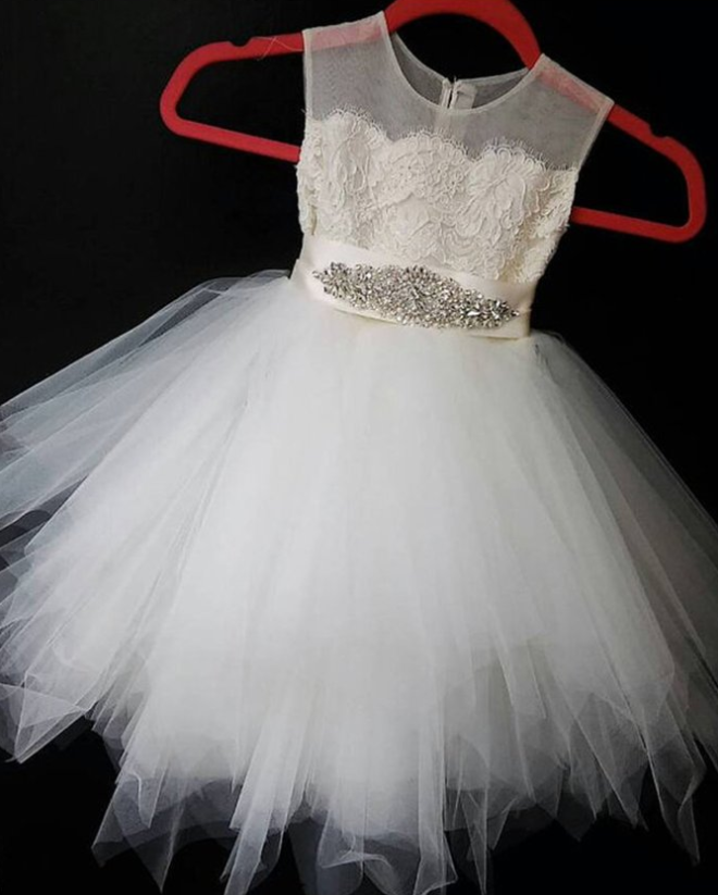 Cute Ivory Organza A-line Sequins Short Girls Dress With Straps on Luulla
