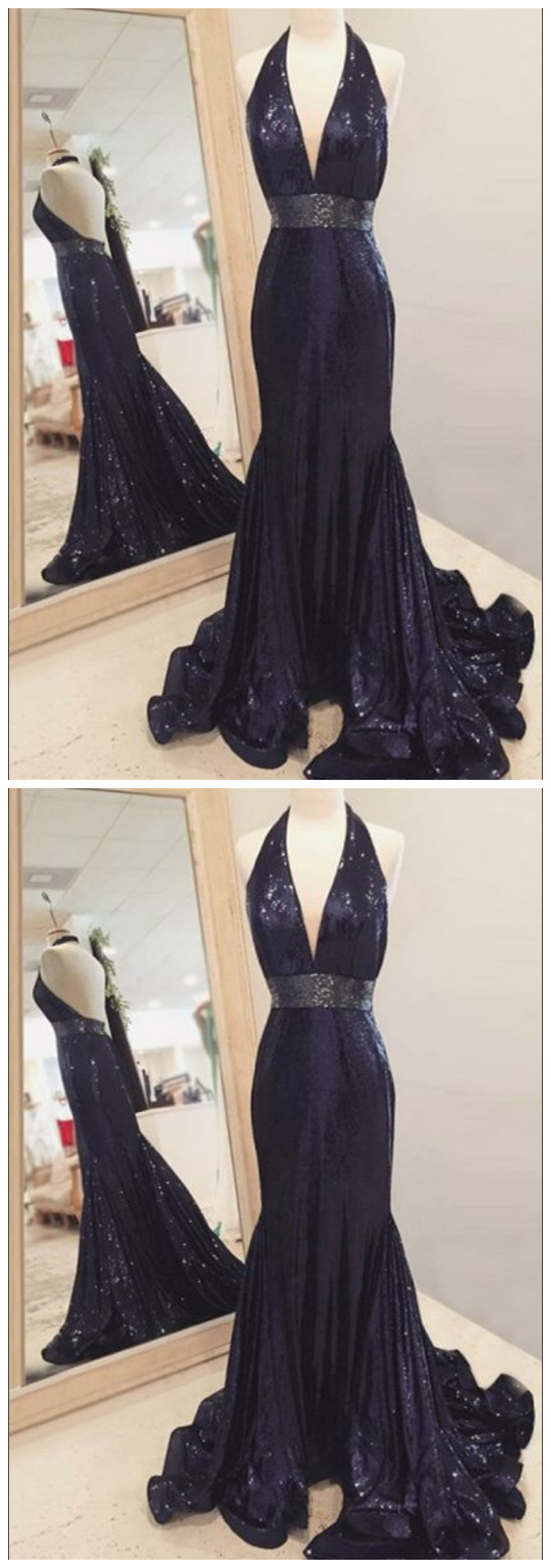 Mermaid Halter Backless Sweep Train Navy Blue Sequined Prom Dress With ...