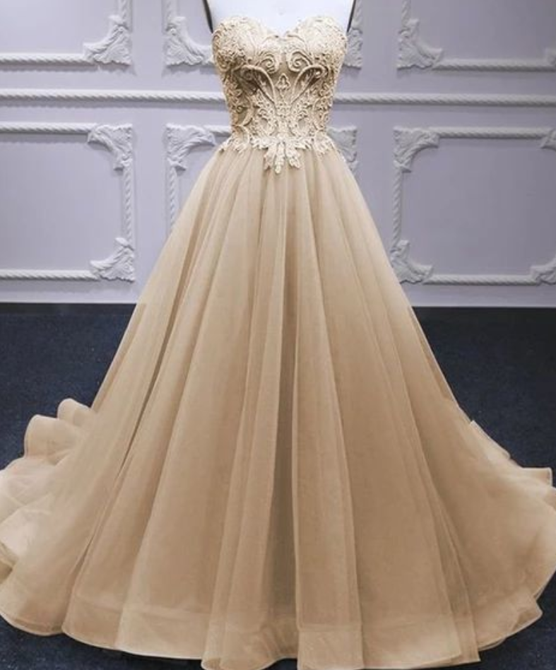 Sweetheart Champagne Tulle A Line Beaded Long Lace Pageant Dress on Luulla