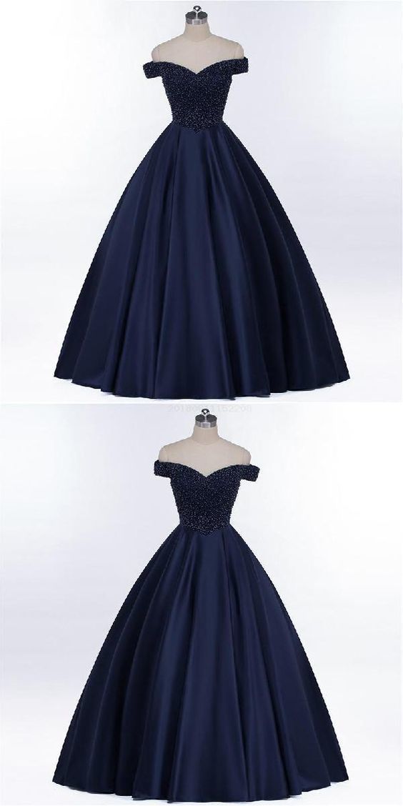 Off Shoulder Navy Blue Beaded A Line Long Evening Dress on Luulla