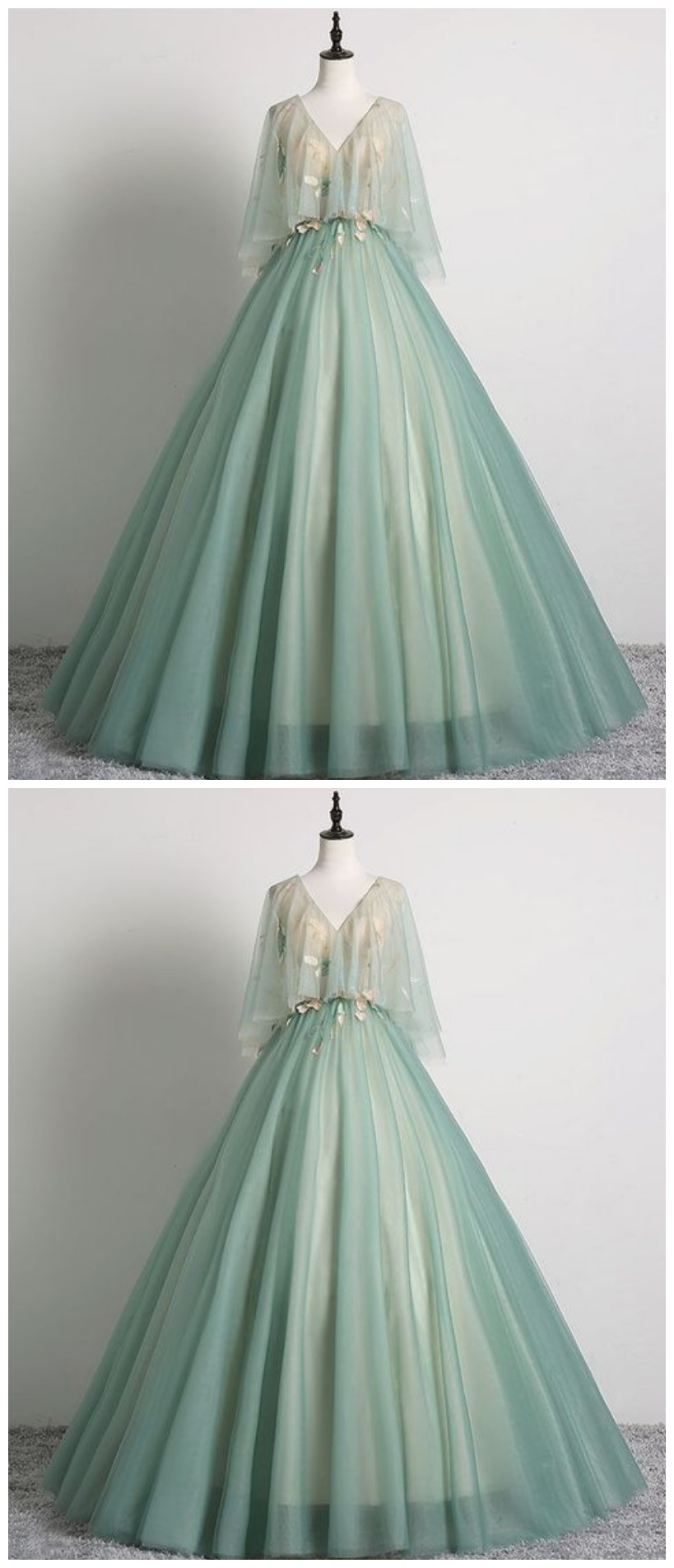 Elegant Sage Green Prom Dresses Ball Gown V Neck Lace Flower 1 2