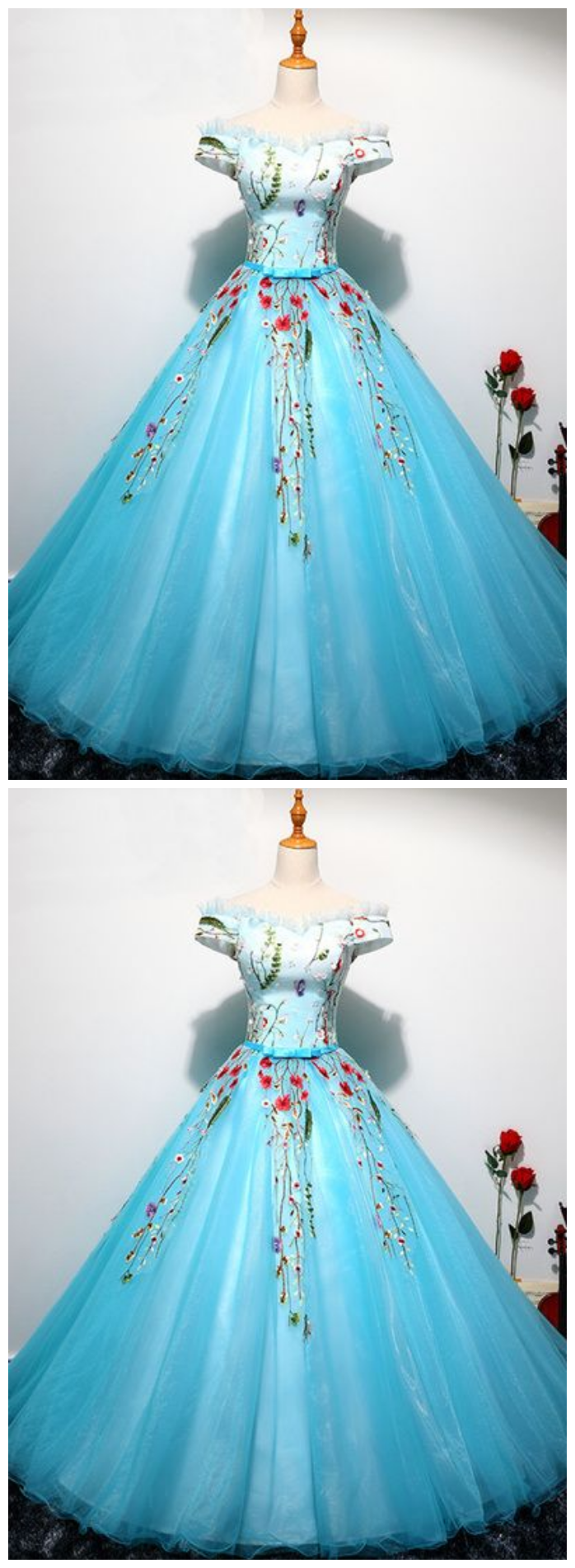 Sweetheart Ice Blue Tulle Long Off Shoulder Ball Gown, Senior Evening ...
