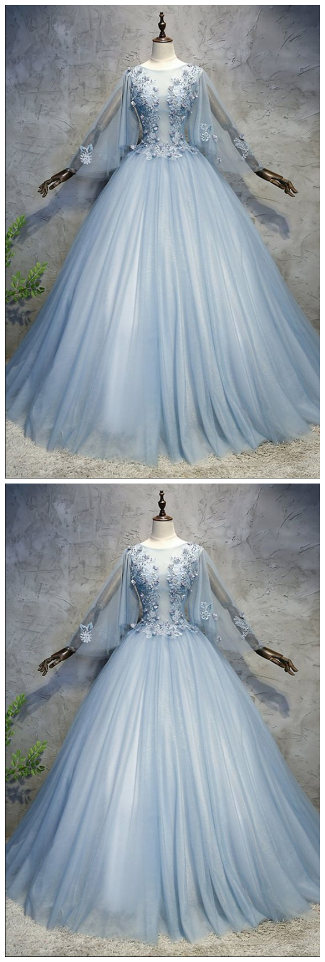 Blue Grey Tulle Scoop Neck Long Beaded Formal Prom Dress With Sleeves ...