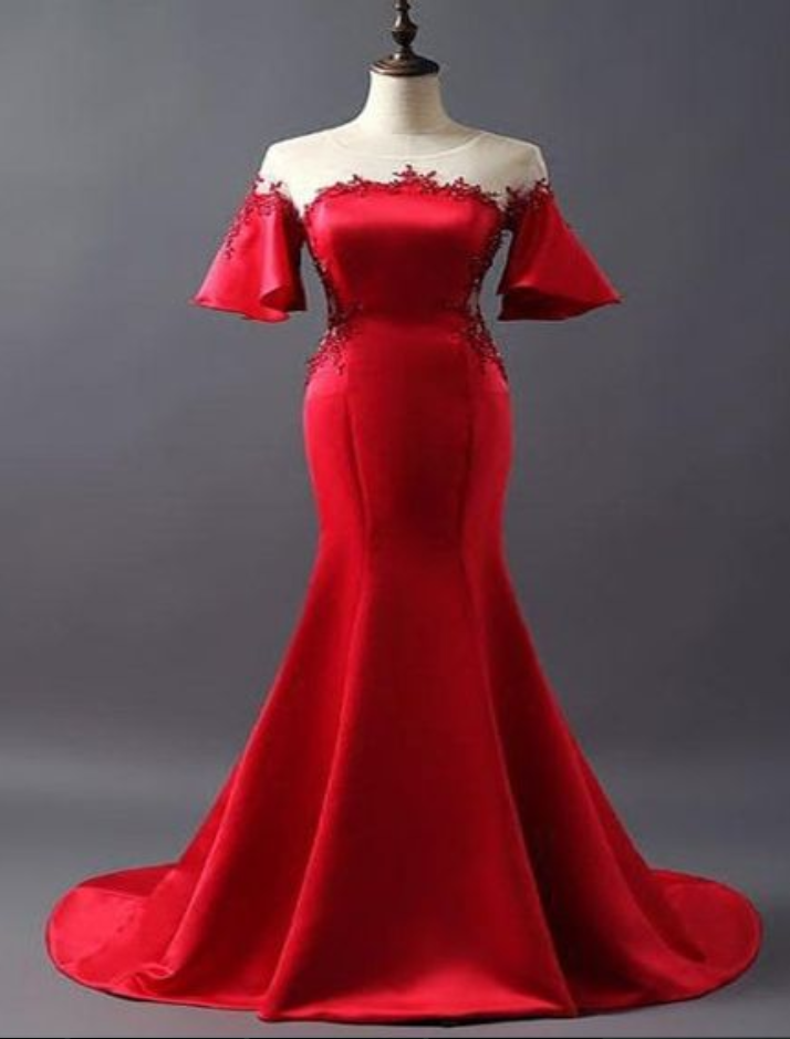 Mermaid Scoop Neckline Short Sleeves Red Satin Floor Length Prom ...
