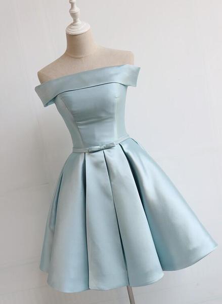 Cute Satin Short Off The Shoulder Party Dress, Knee Length Formal Dress ...