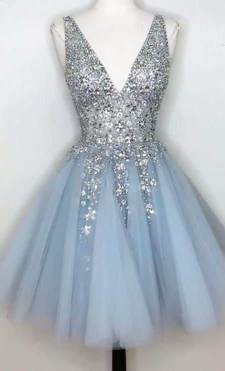 Short Prom Dress, Gray Prom Dresses, Beaded Homecoming Dresses,sexy ...