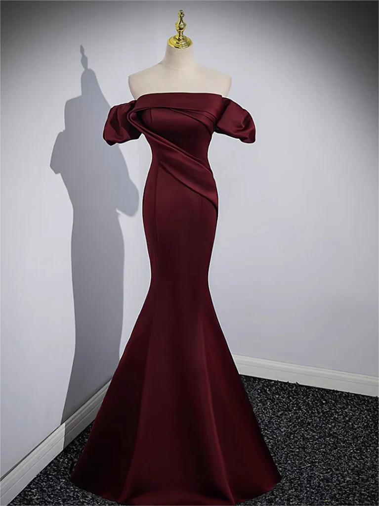 Prom Dress,mermaid Off Shoulder Satin Burgundy Long Prom Dress ...