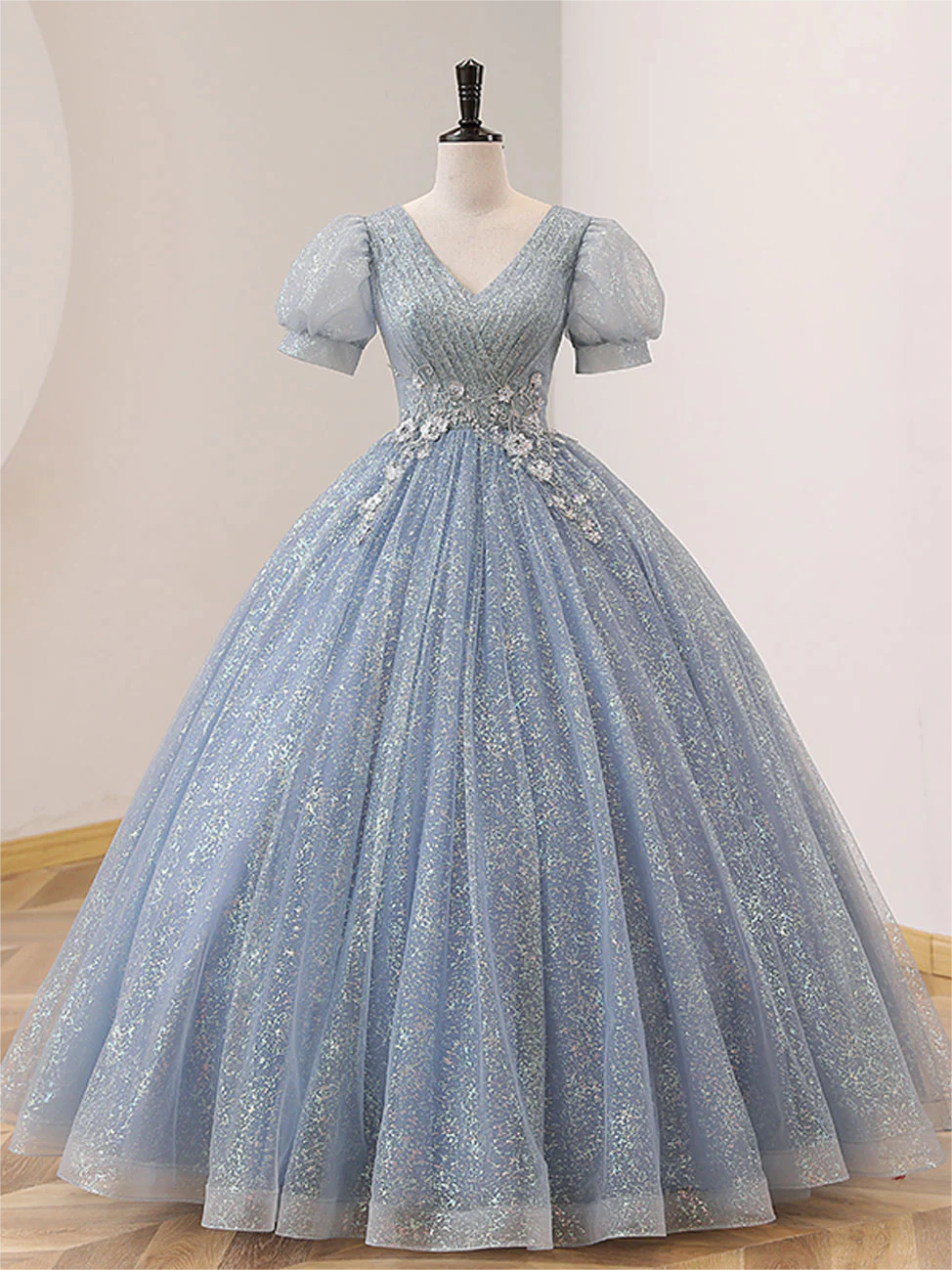 Prom Dress,v Neck Tulle Sequin Gray Blue Long Prom Dress, Gray Blue ...