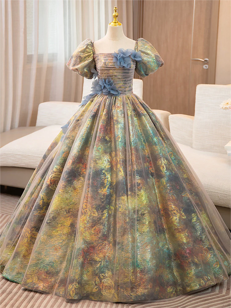 Prom Dress Unique A Line Puff Sleeves Gold Long Prom Dress With Flower