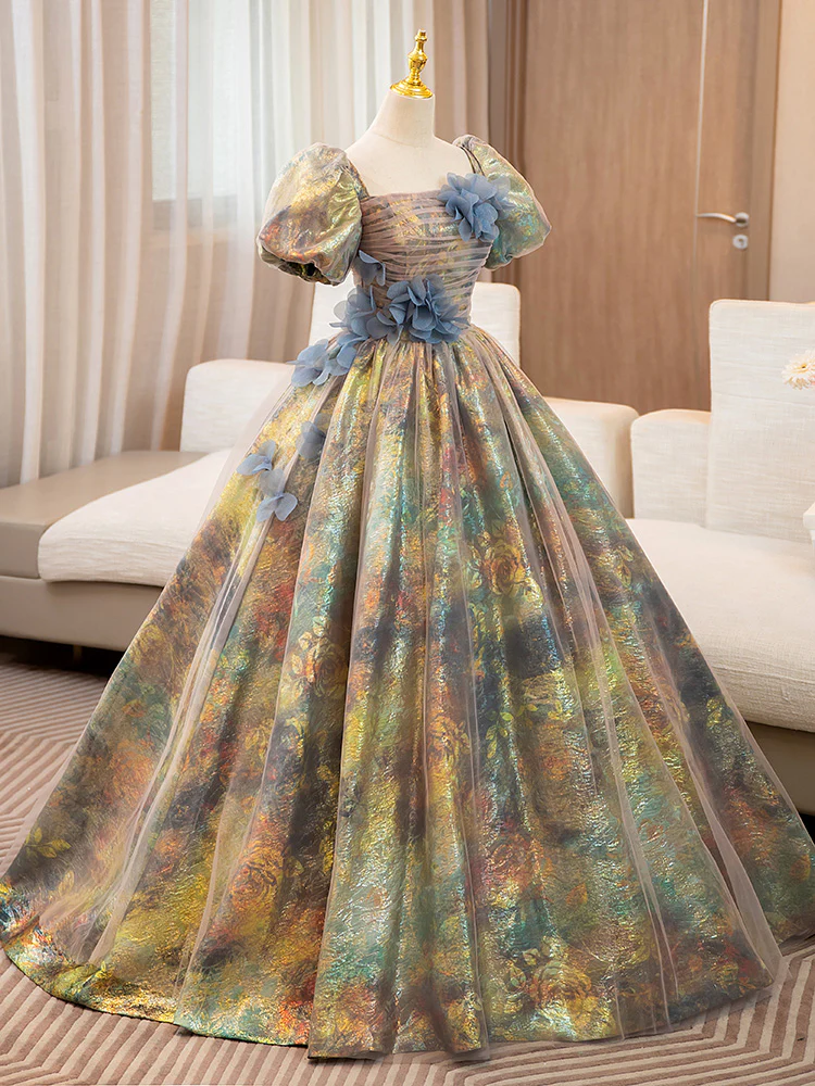 Prom Dress,unique A-line Puff Sleeves Gold Long Prom Dress With Flower ...