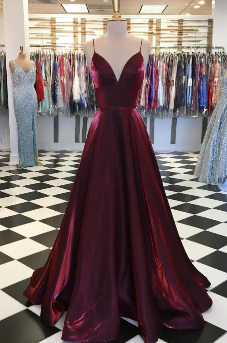 Prom Dress,simple V Neck Satin Burgundy Long Prom Dress, Burgundy ...